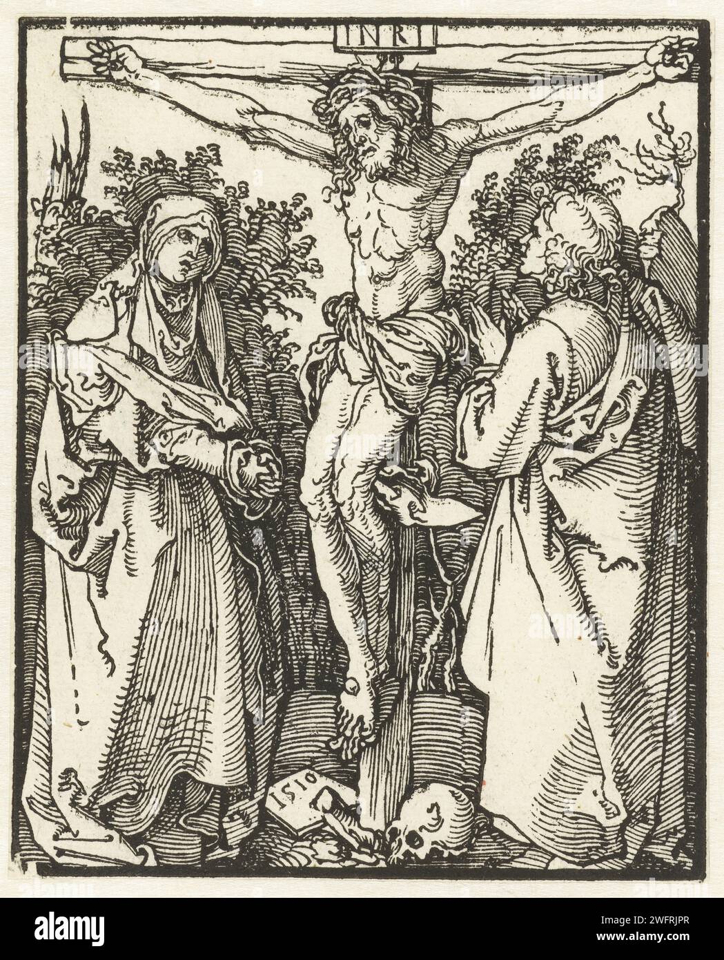 Crucifixion, Albrecht Dürer, 1510 print Christ on the cross. On his right side is Maria, on his ...