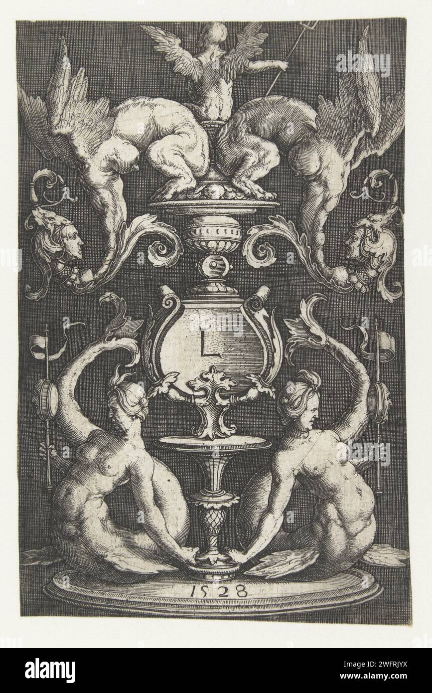 Ornament with two sirens, 1528 print Two sirenen on either side of a ...