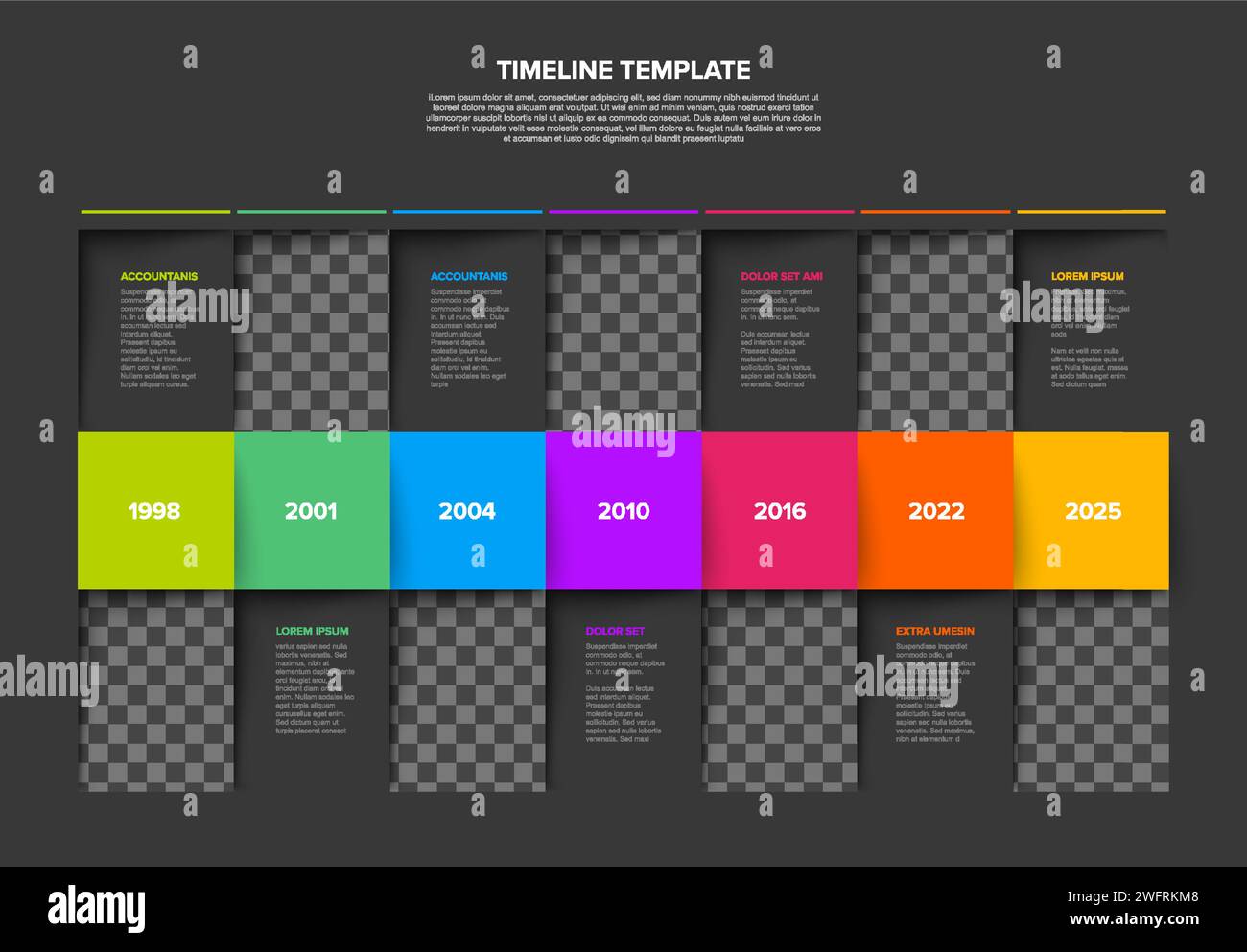 A vibrant dark infographic timeline template showcasing years and ...