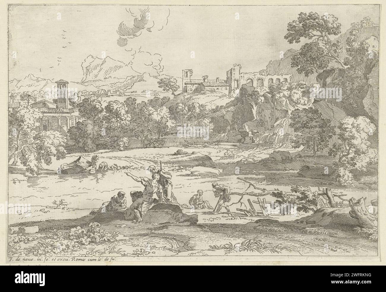 Landscape with five figures, Franciscus de Neve, 1616 - 1708 print In a ...