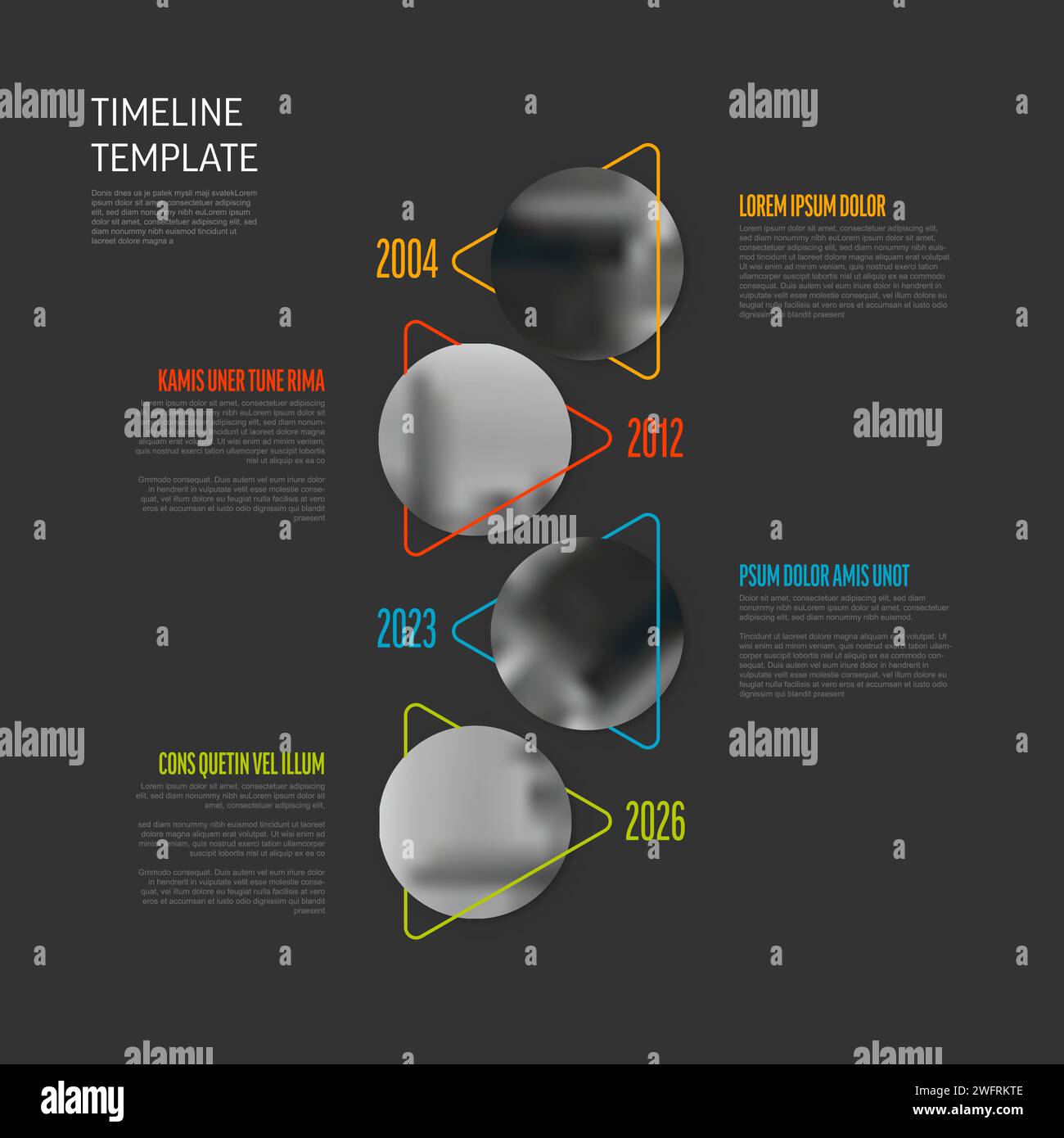 A creative dark timeline template with abstract shapes and placeholders ...