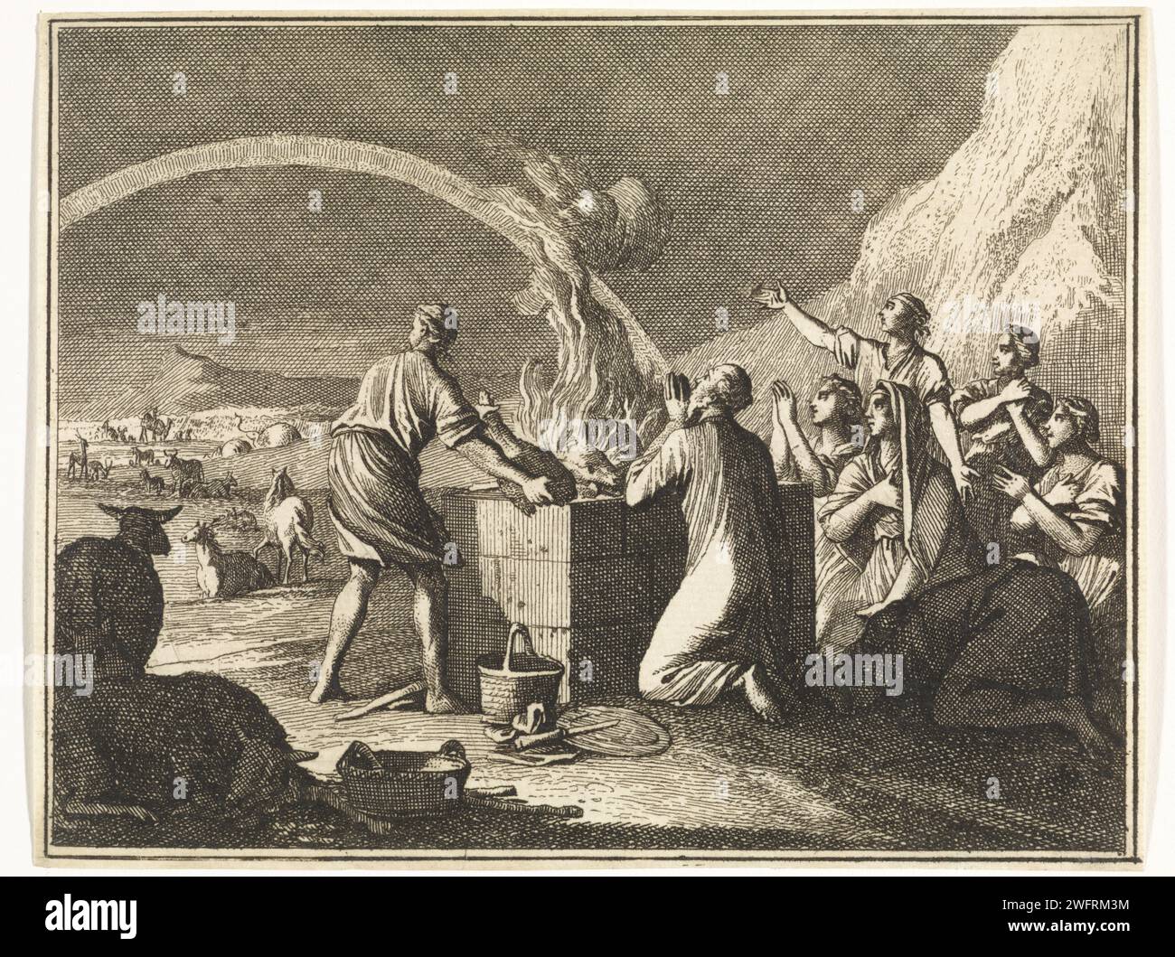 Noah's sacrifice after the flood, Caspar Luyken, 1712 print Amsterdam paper etching Noah's ...