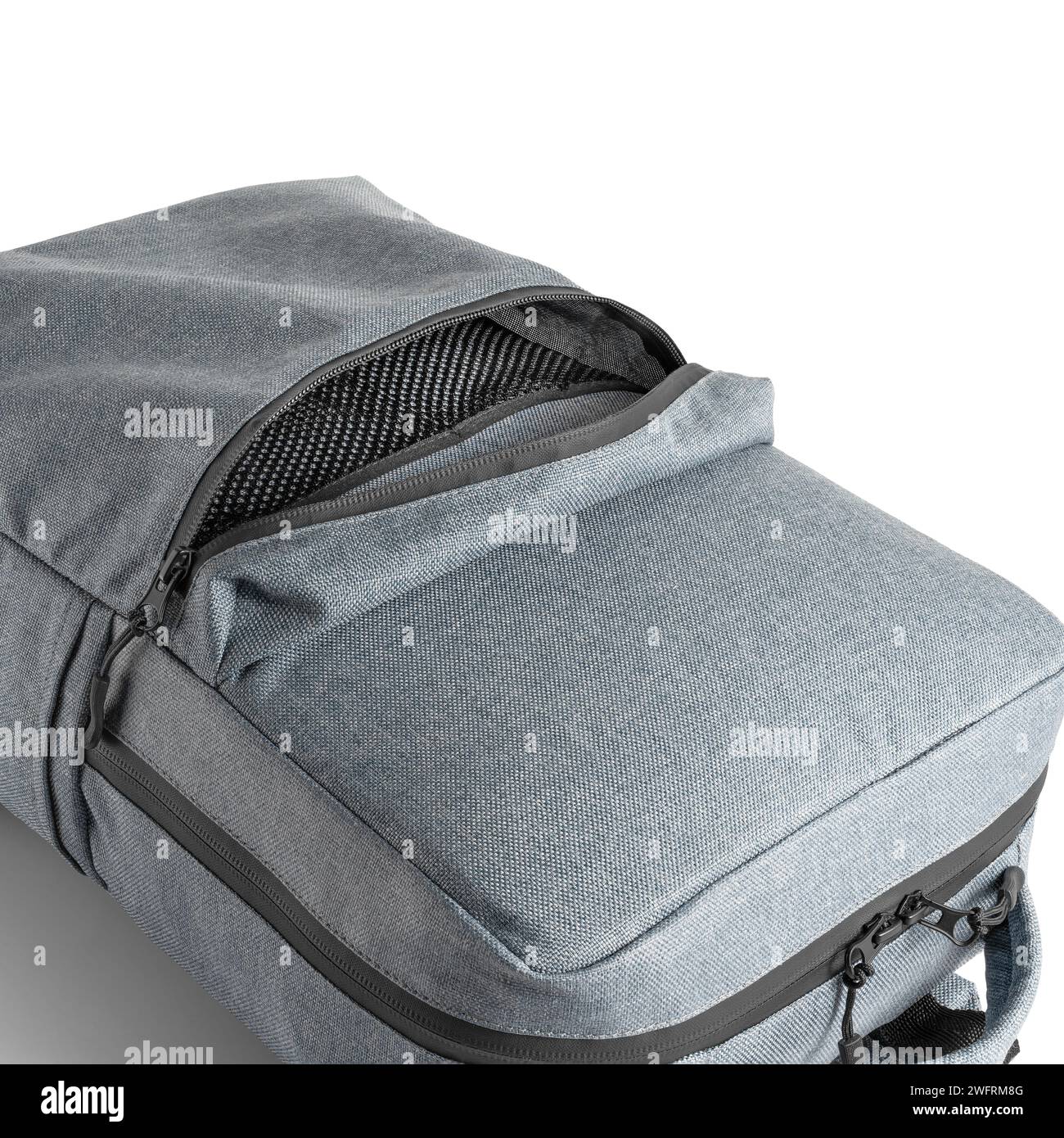 Top view of a blue backpack with an open additional pocket for various ...