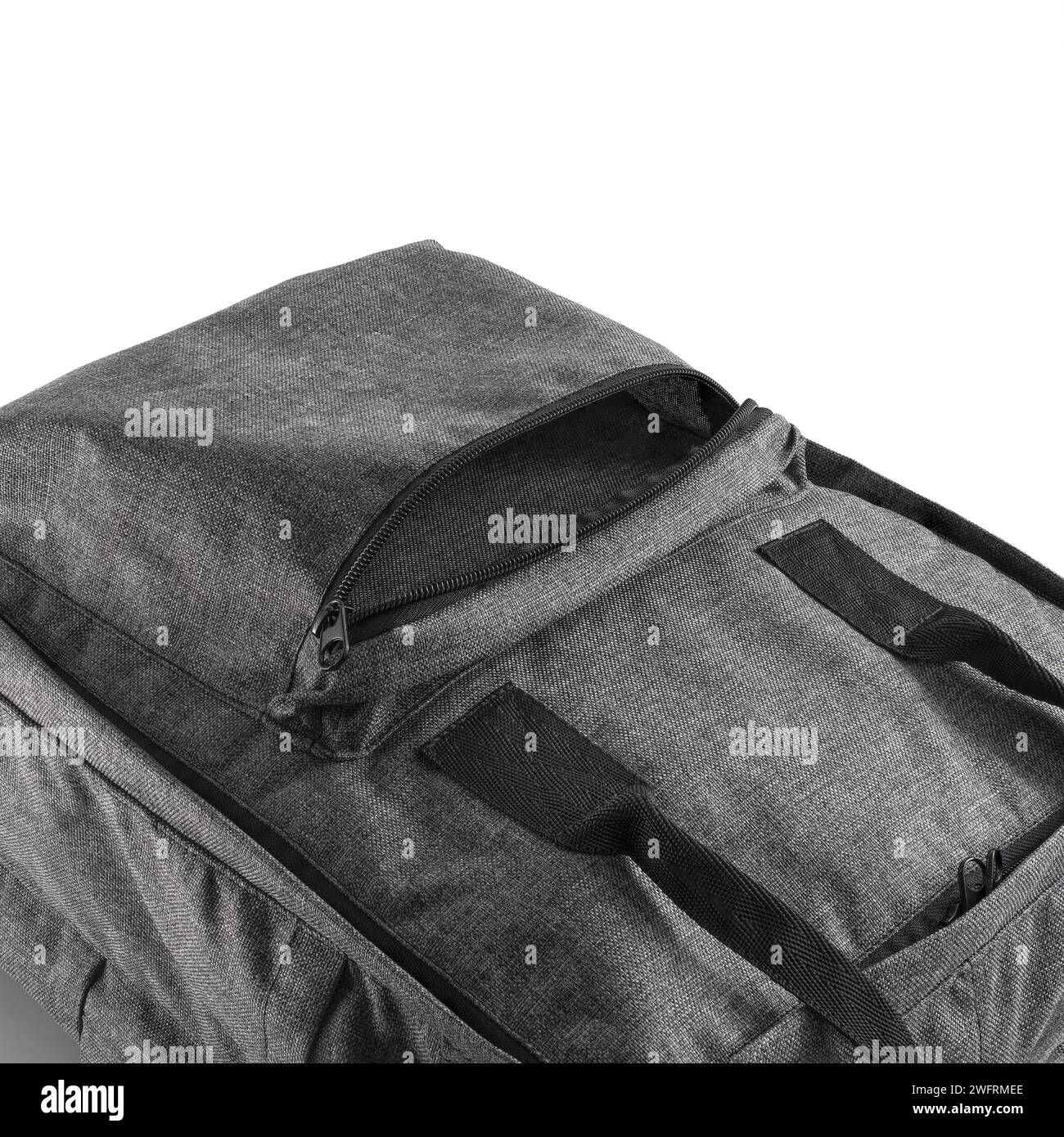 Top view of a grey fabric backpack with an open additional pocket for ...