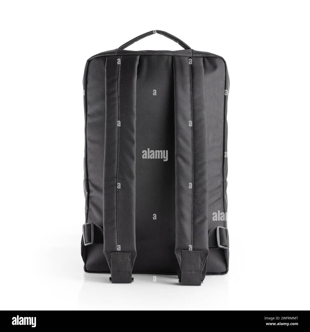 Backside view of black casual backpack on white background Stock Photo ...