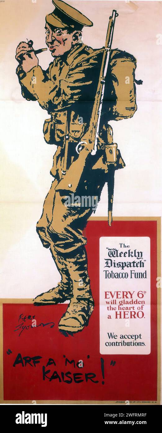 A humorous World War I propaganda poster showing a soldier smoking a ...