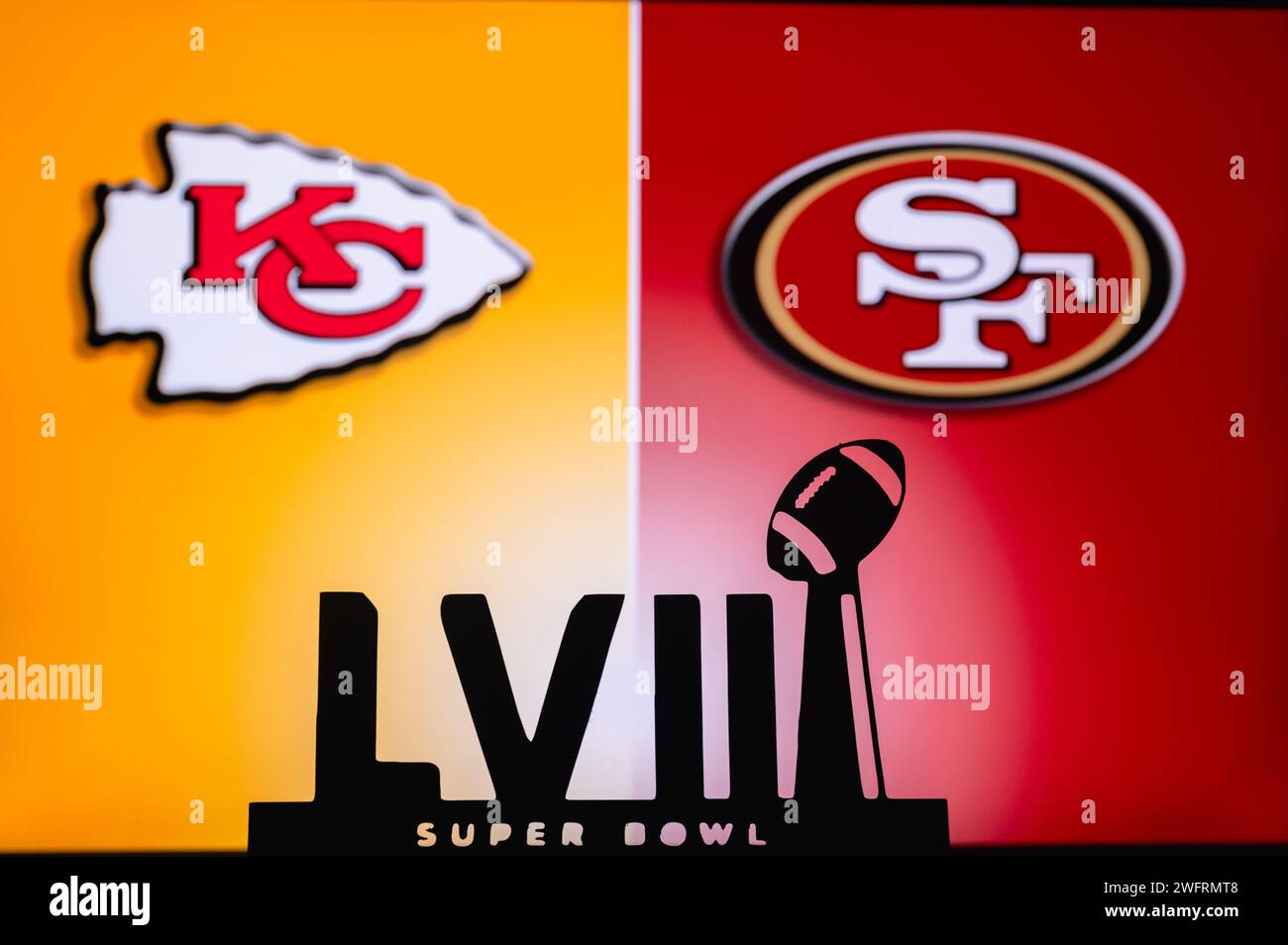 LAS VEGAS, NEVADA, USA, JANUARY 29, 2024: LVIII Title for Super Bowl LVIII, Kansas City Chiefs ...