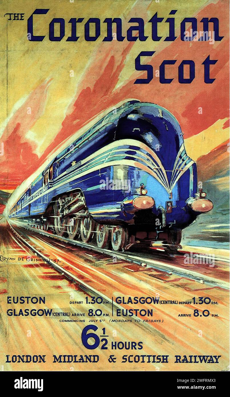 A vibrant poster of the "Coronation Scot" train, with text indicating ...