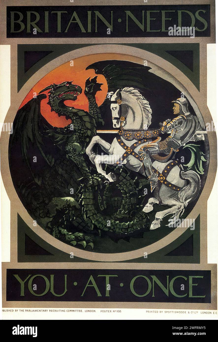 A dramatic World War I recruitment poster depicting a knight fighting a ...