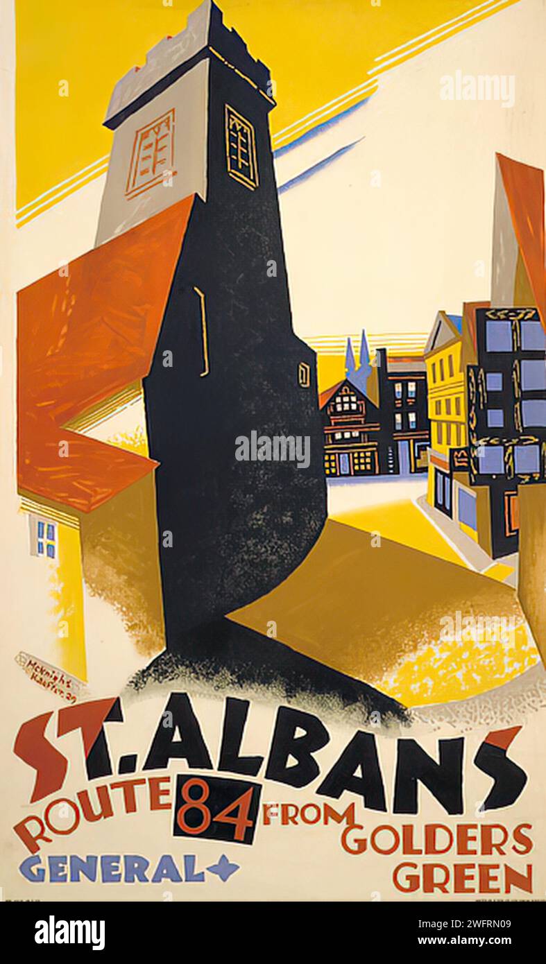A vibrant travel poster for St. Albans showing a stylized clock tower ...