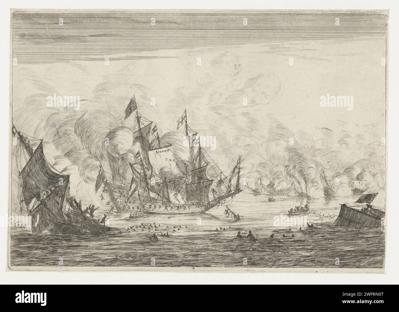 Sea battle with a sinking ship, Reinier Nooms, 1652 - 1670 print Sea ...