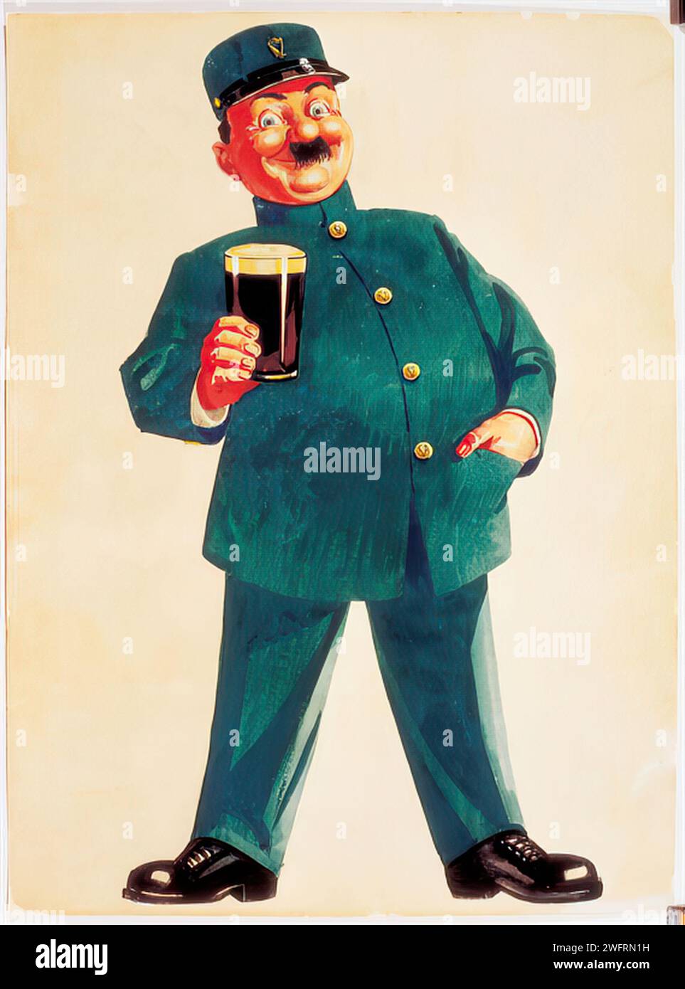 A cheerful, rotund man in a zookeeper uniform holding a pint of beer ...