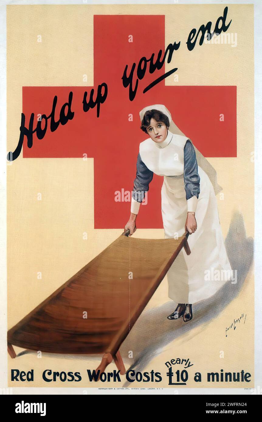 A World War I-era poster featuring a nurse holding a stretcher with the ...