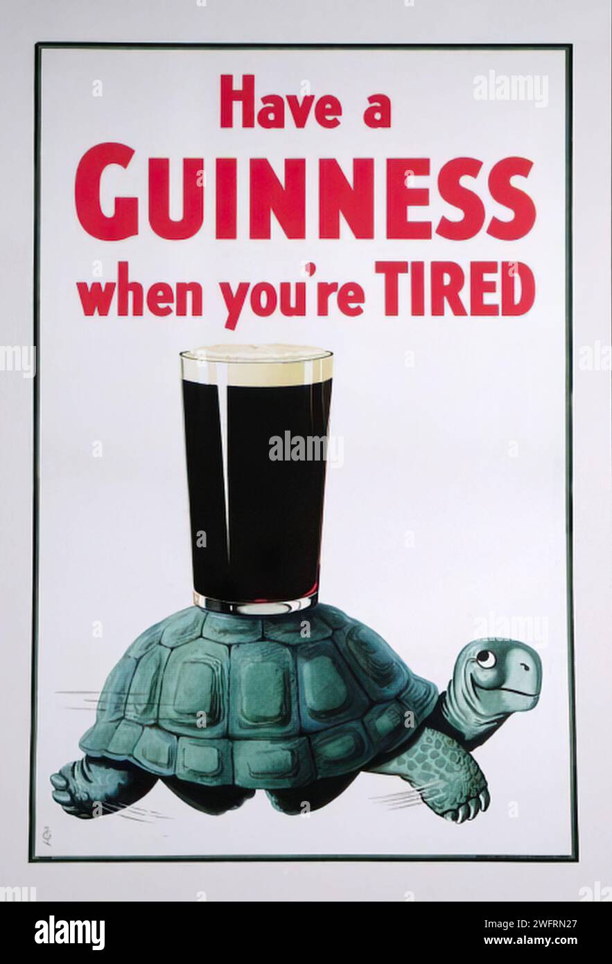 An advertisement showing a turtle with a pint of Guinness on its shell ...