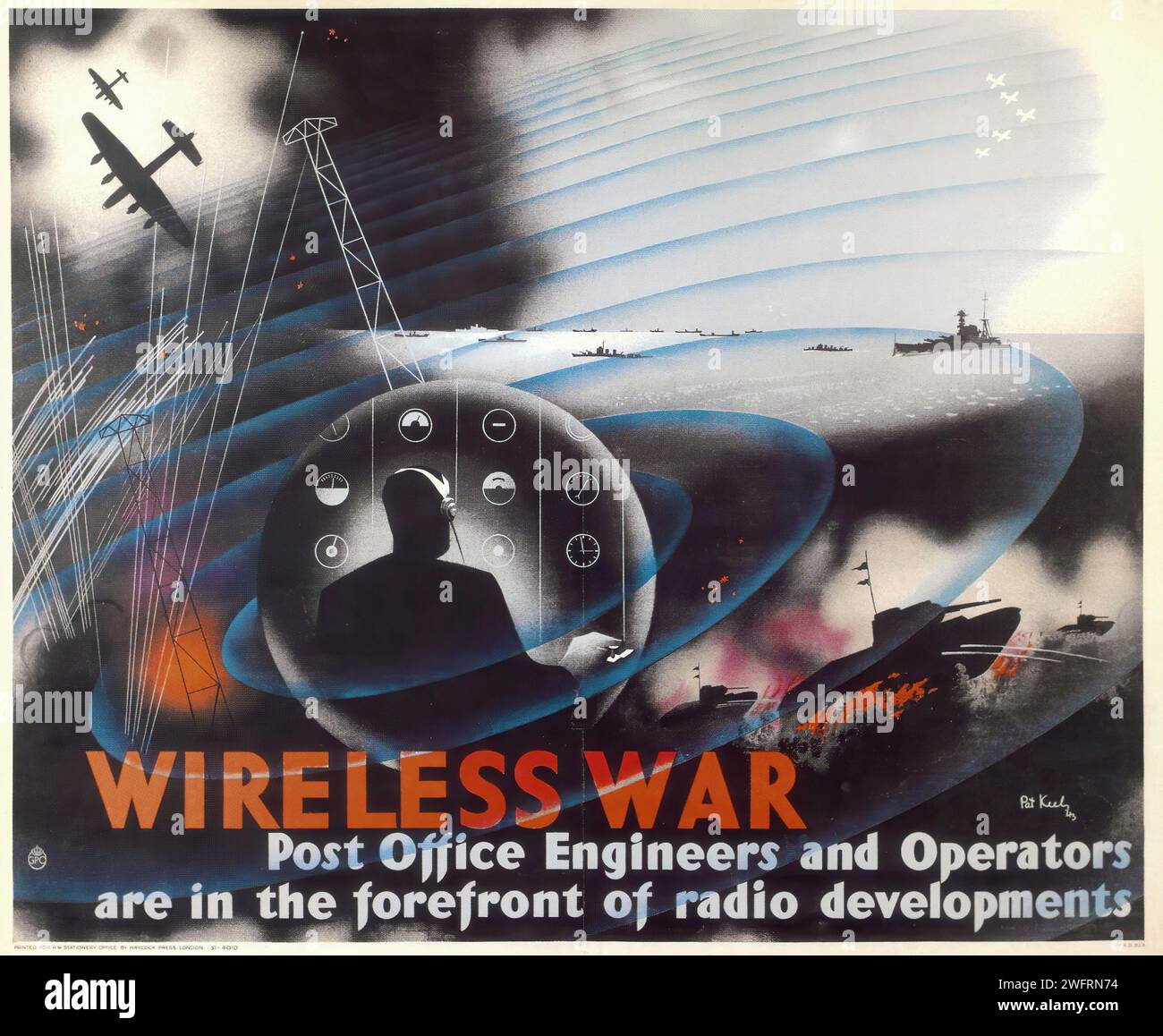 A wartime propaganda poster featuring a silhouette of a man with radio ...