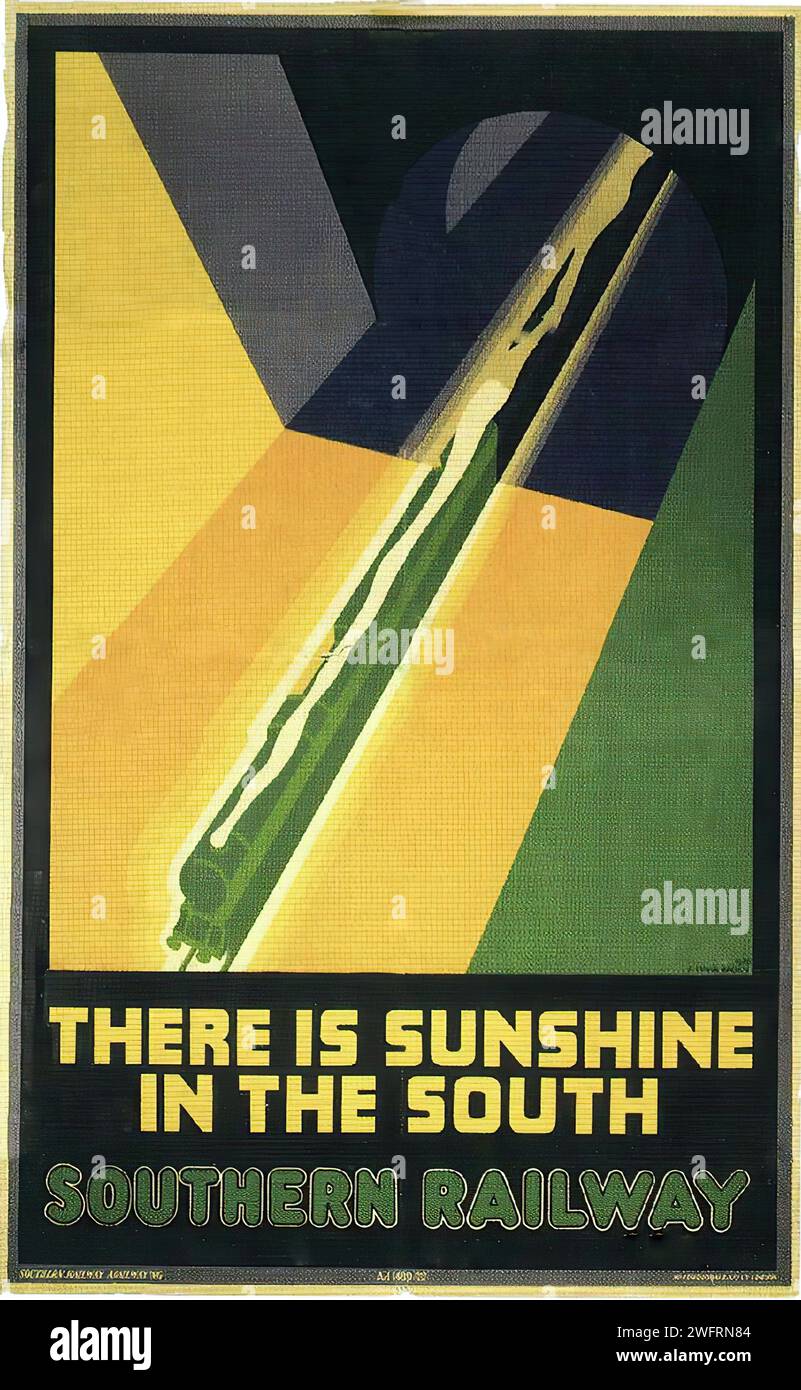 This advertisement for Southern Railway shows a stylized train under a ...