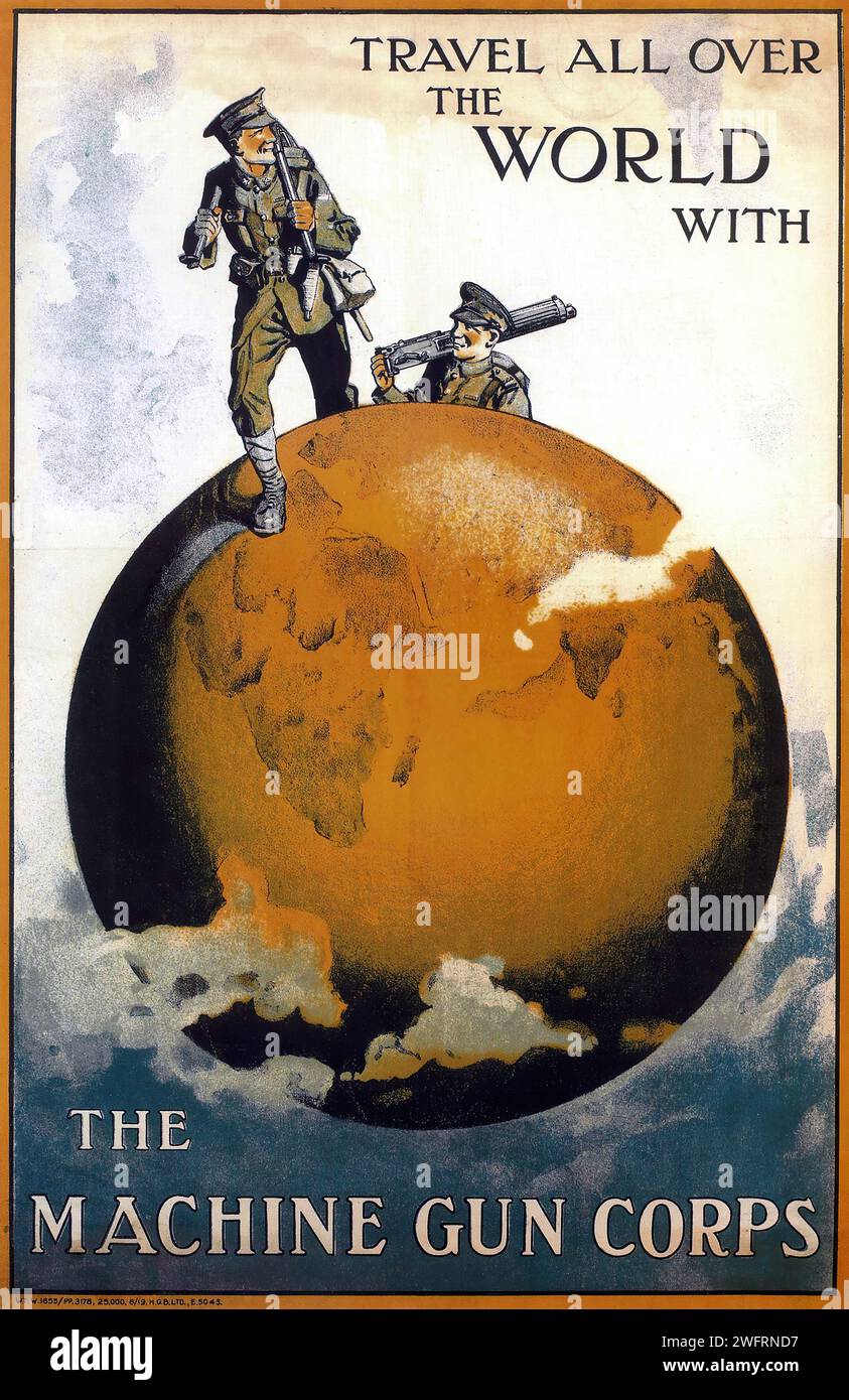 A 1919 recruitment poster for the Machine Gun Corps, depicting soldiers ...