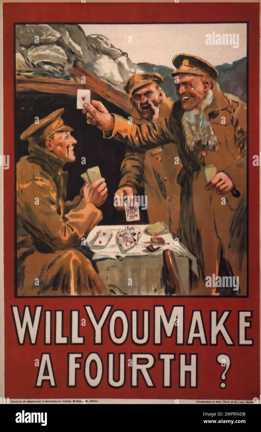 A World War I recruitment poster featuring four soldiers in a trench ...