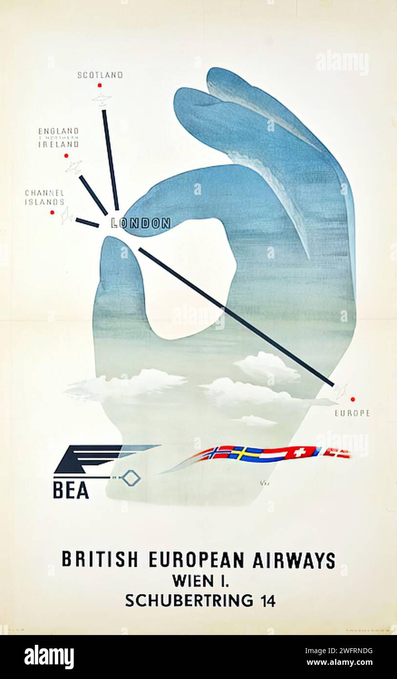 A poster for British European Airways designed by Hans Schleger. It ...