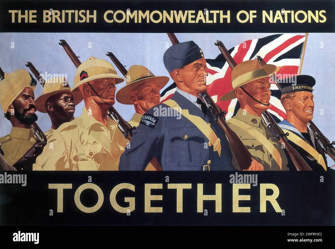A patriotic poster depicting soldiers from various British Commonwealth ...