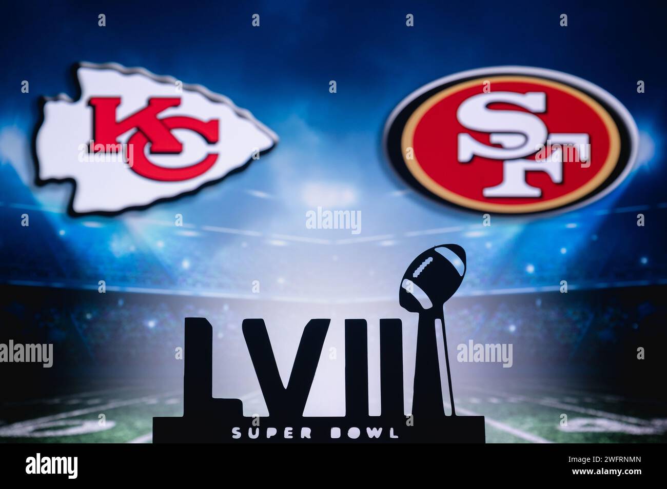 LAS VEGAS, NEVADA, USA, JANUARY 29, 2024: LVIII Title for Super Bowl LVIII, Kansas City Chiefs ...