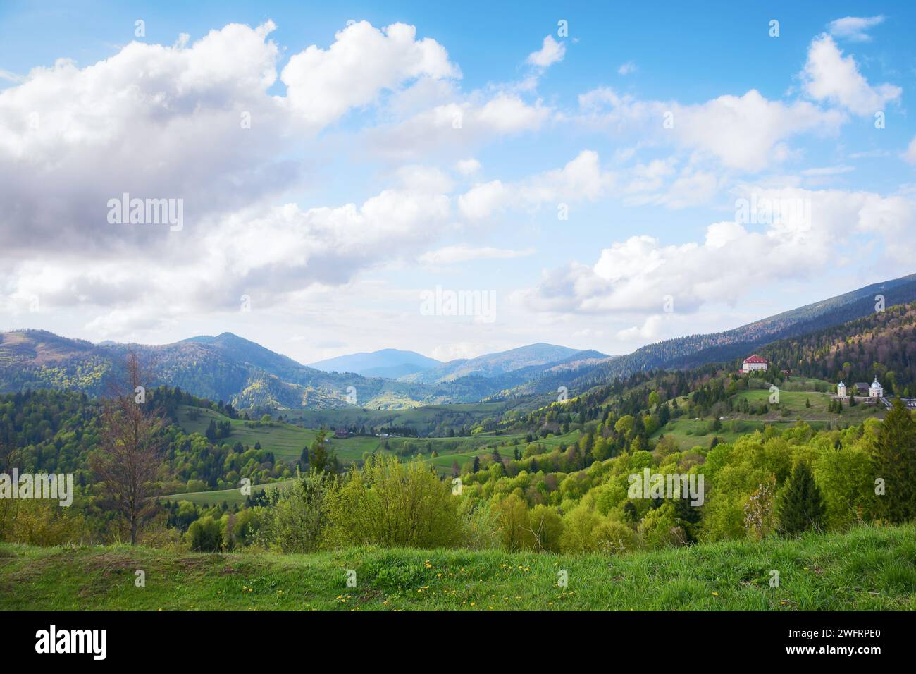 natural beauty of the ukrainian mountainous rural landscape in spring. alpine countryside ...