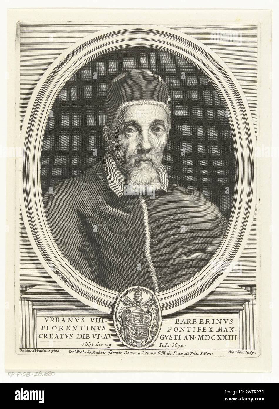 Portret Van Paus Urban 8, Jacques Blondeau, after Guido Ubaldo Abbbard ...