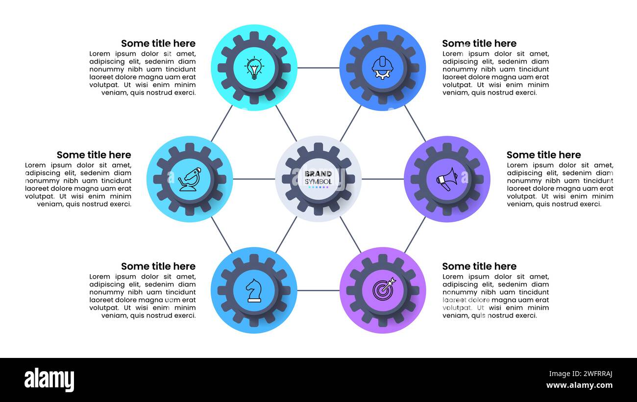 Infographic template with icons and 6 options or steps. Linked gears ...