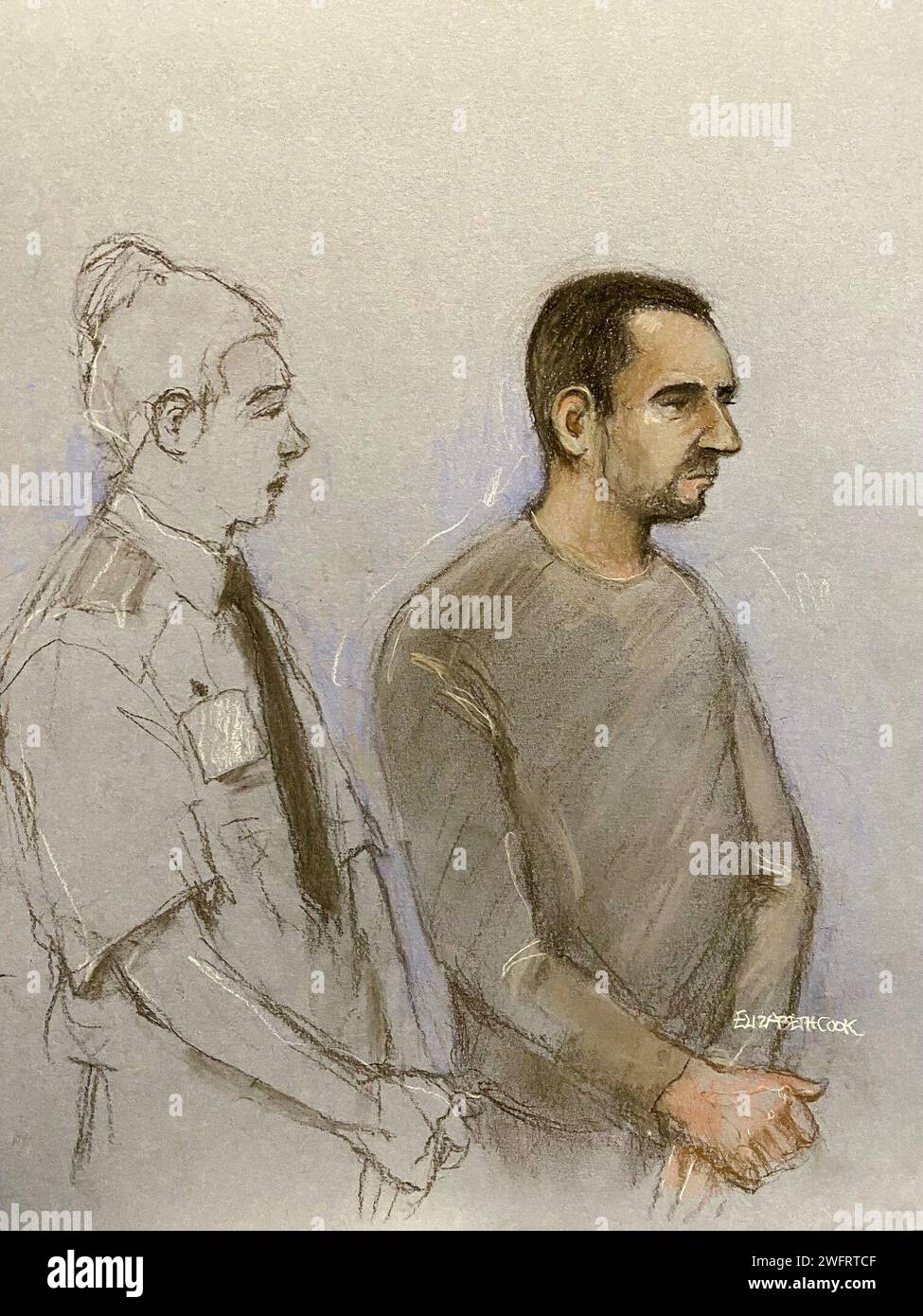 Court artist sketch by Elizabeth Cook of Anthony Snook (right), 44 ...