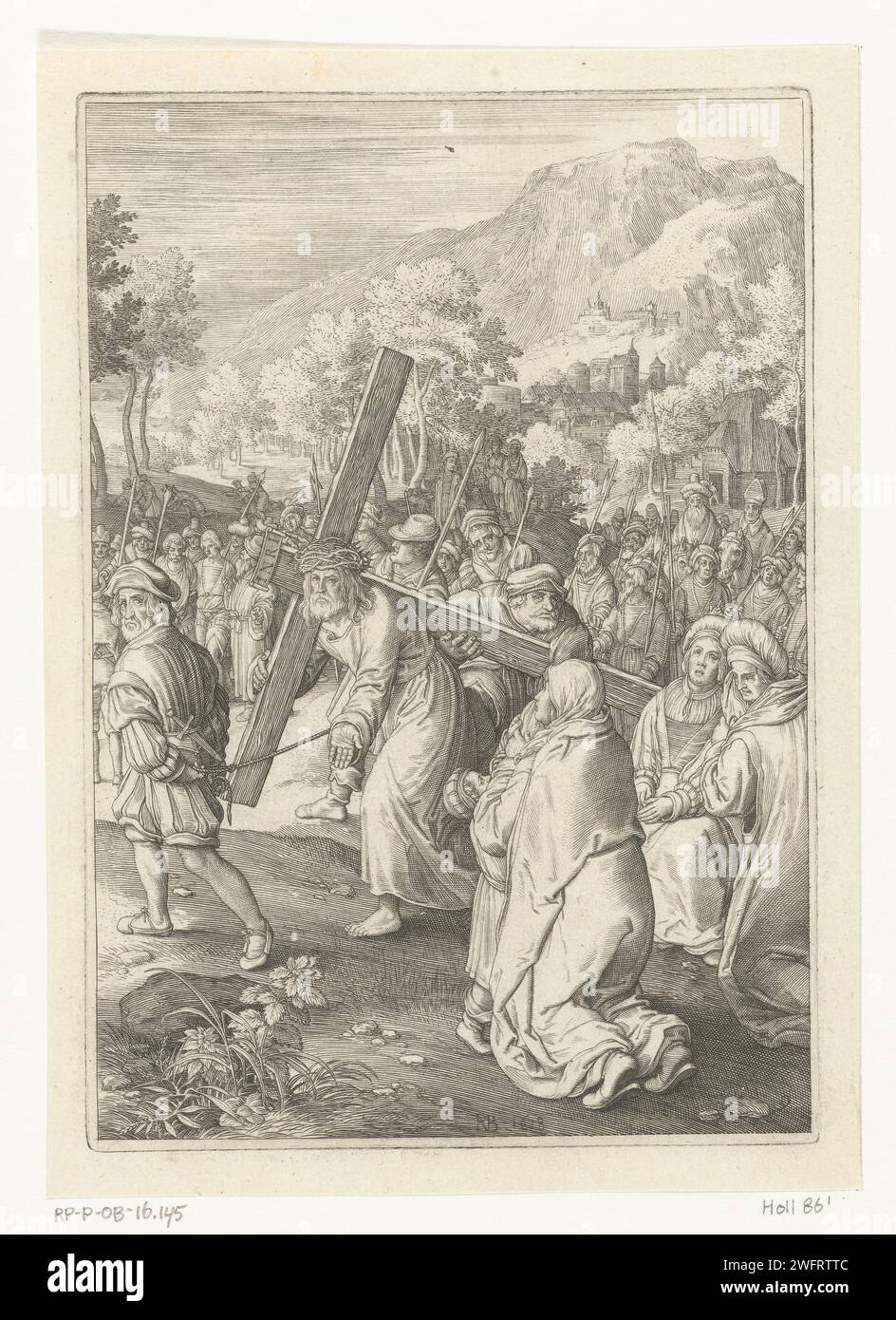 Crossing, Nicolaes de Bruyn, 1618 print Christ wears the cross on his ...