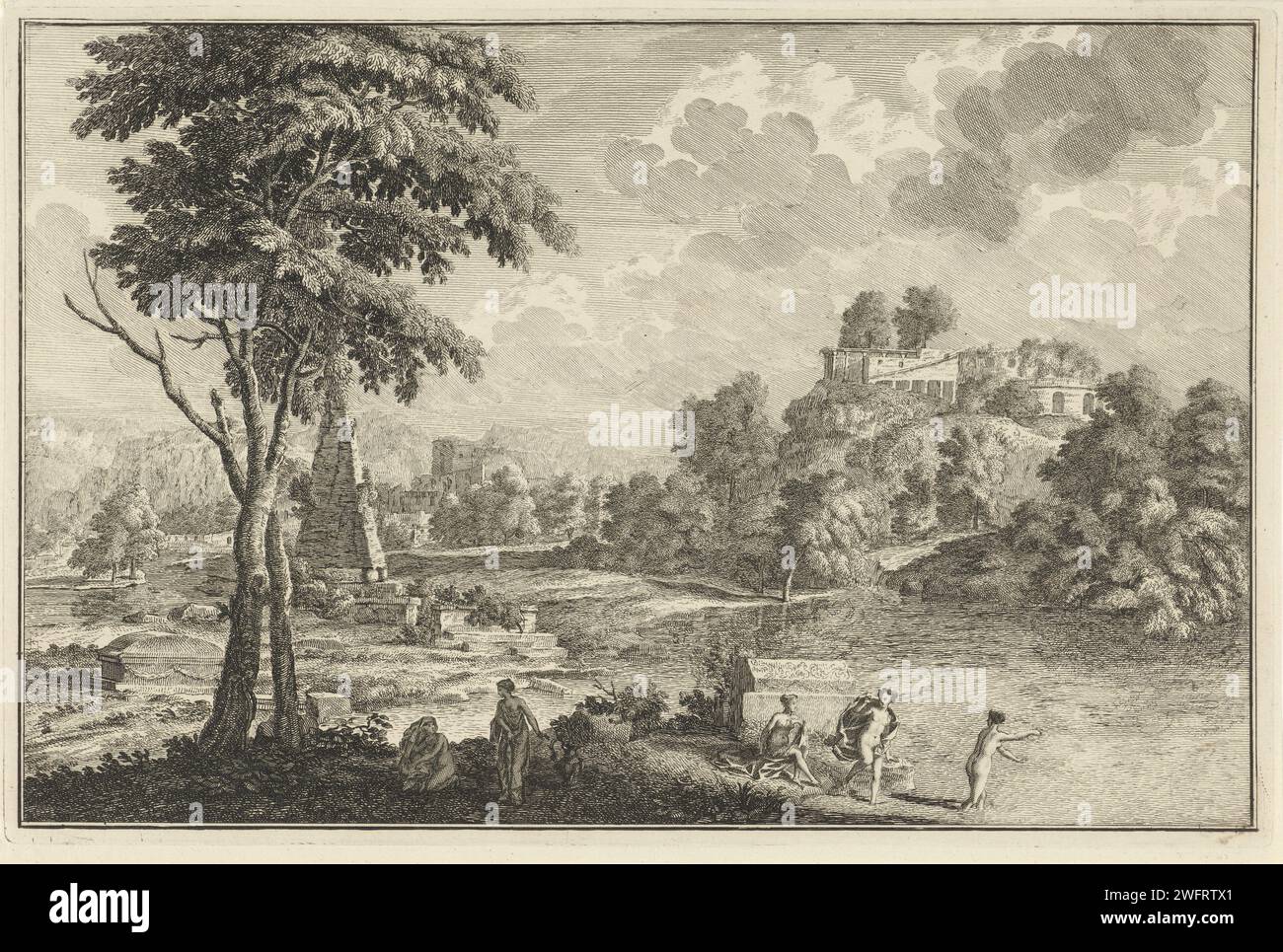 Arcadian landscape with five bathing women, Adolf van der Laan, after ...