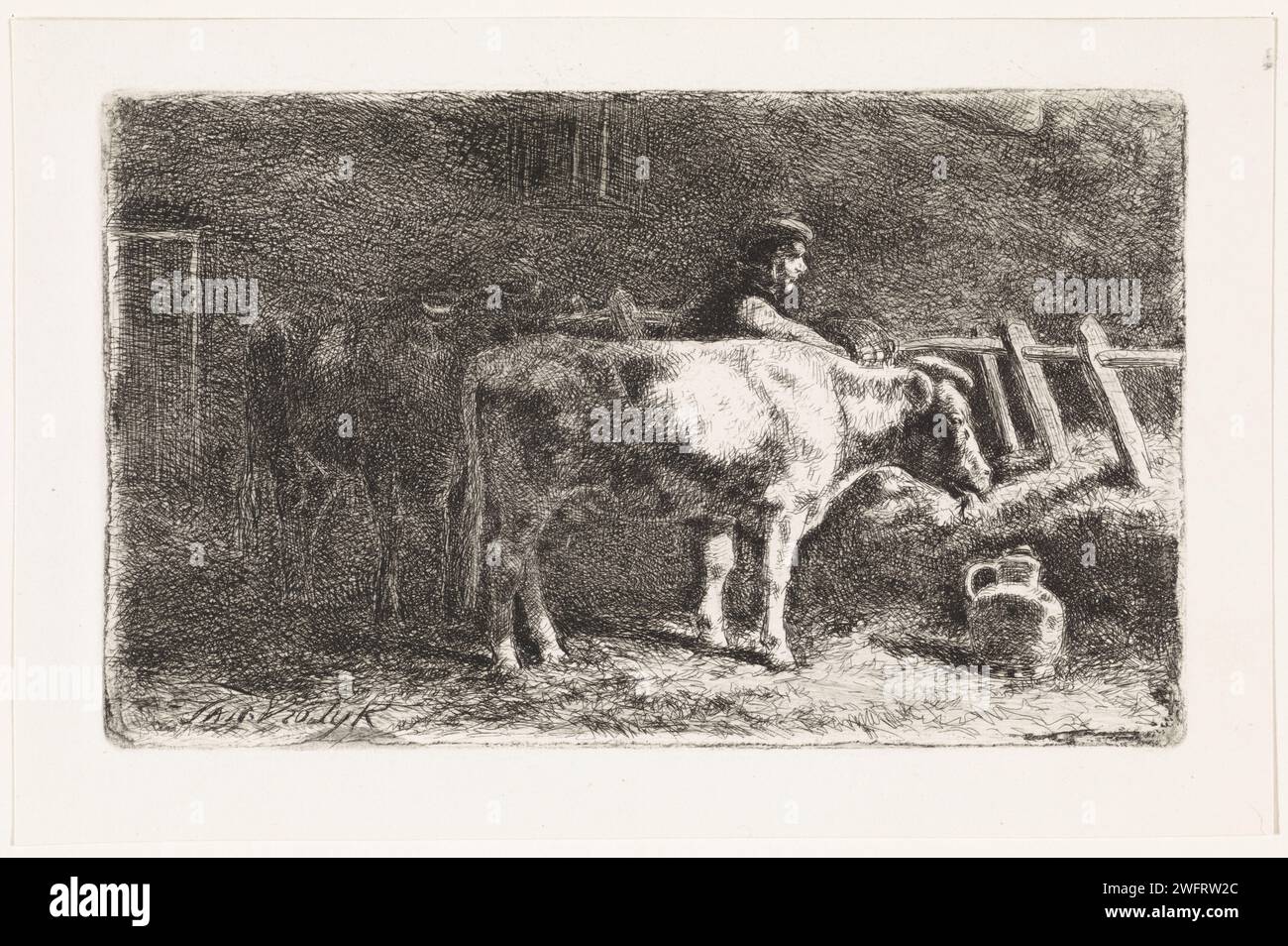 Farmer between two cows at a rack in a stable (large variant), Jan ...