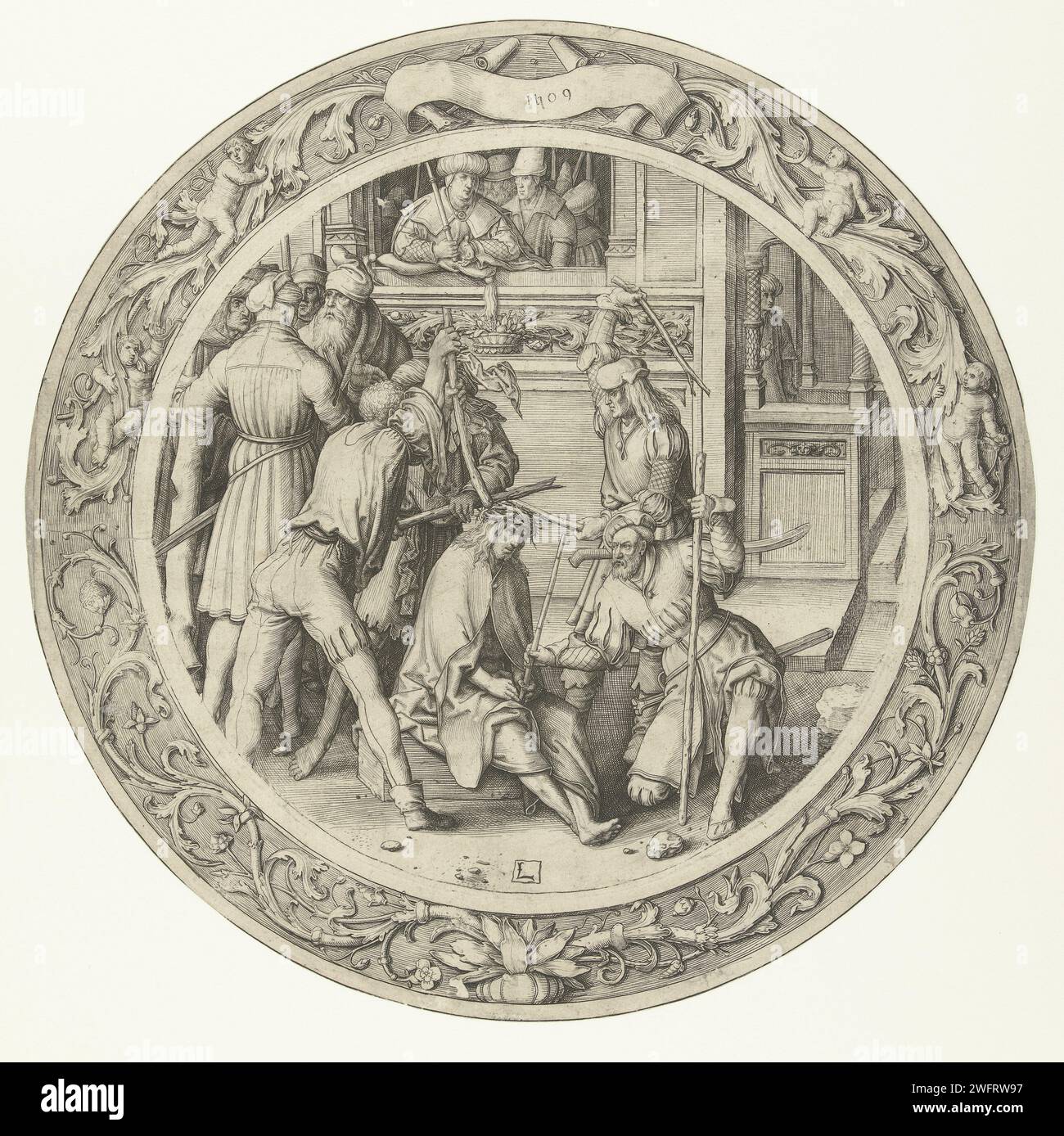 De Doornenkroning, Lucas van Leyden, 1509 print Christ, sitting, is pressed in the hands and ...