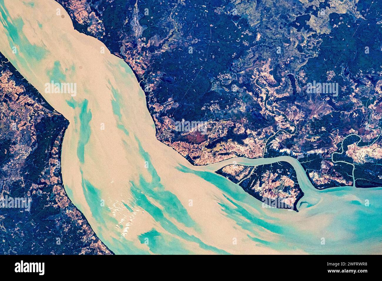 Water river land feature, Guinea. Digital enhancement of a NASA image ...