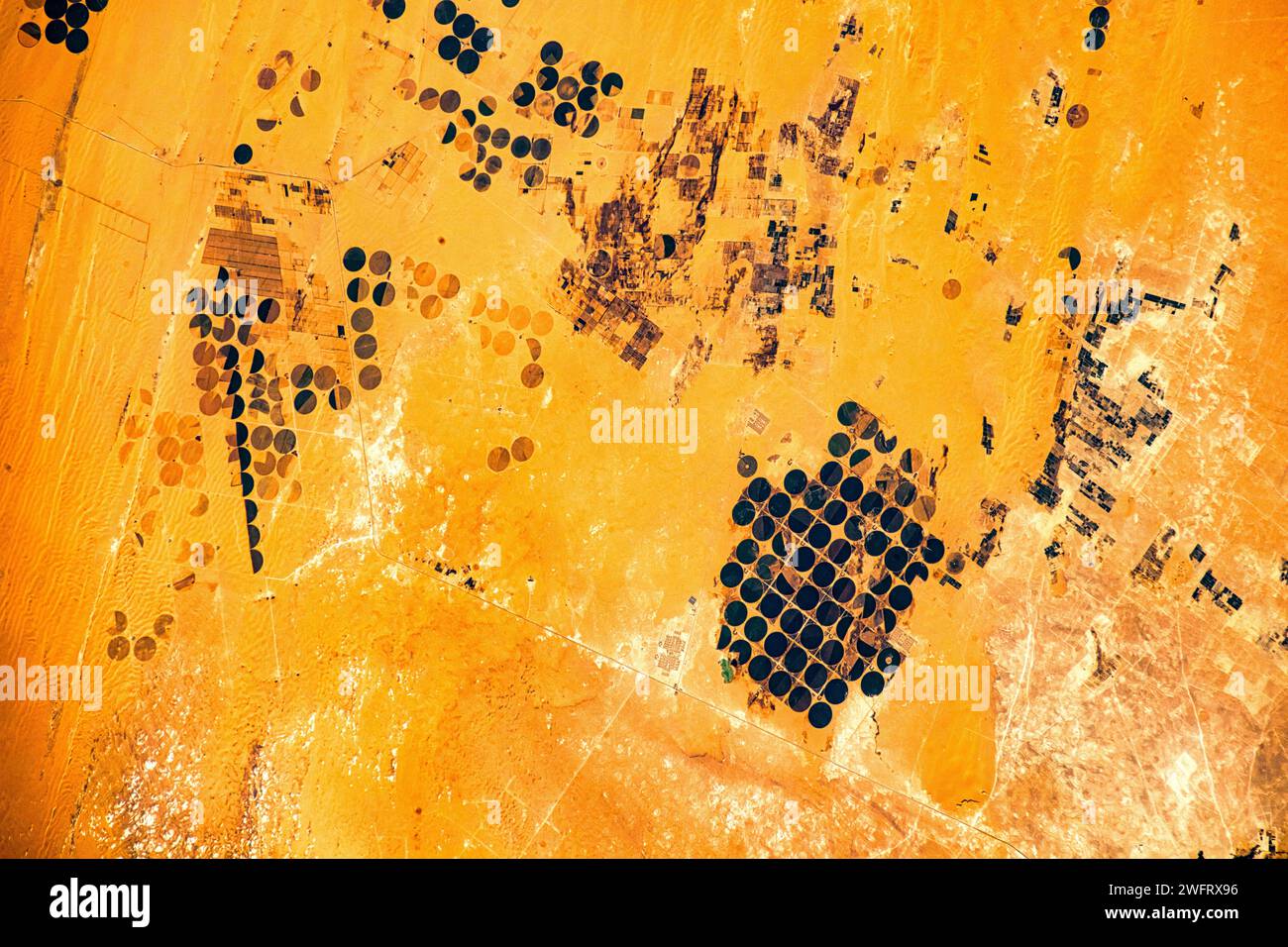 Circular crop farm in a desert area, Egypt. Digital enhancement of a ...