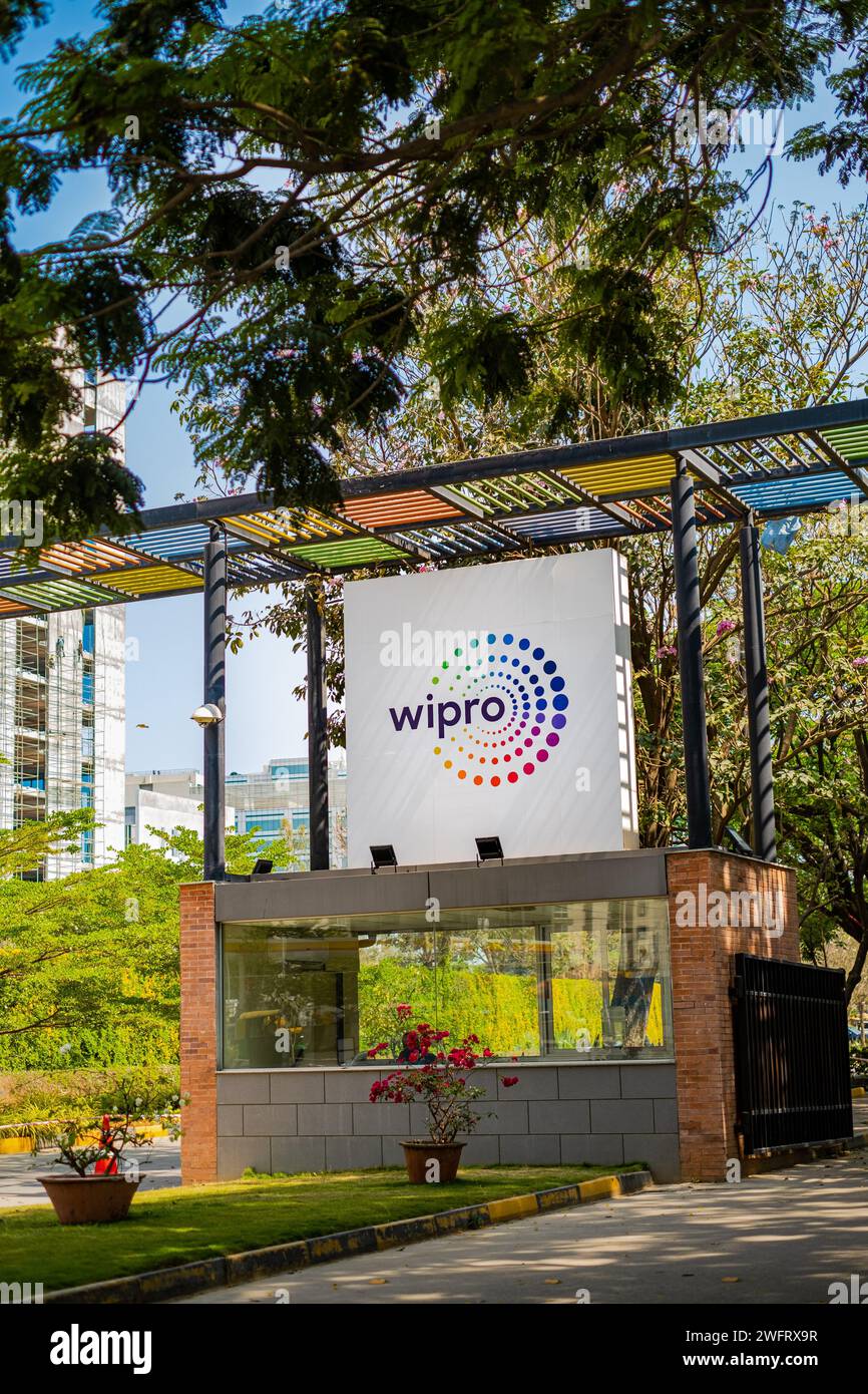 Wipro logo is shown at the entrance of their Sarjapur campus. Wipro ltd. is a leading technology ...