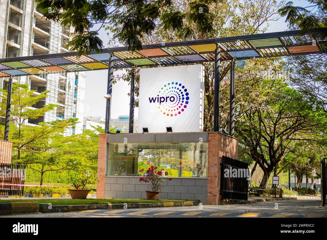 Wipro logo is shown at the entrance of their Sarjapur campus. Wipro ltd. is a leading technology ...