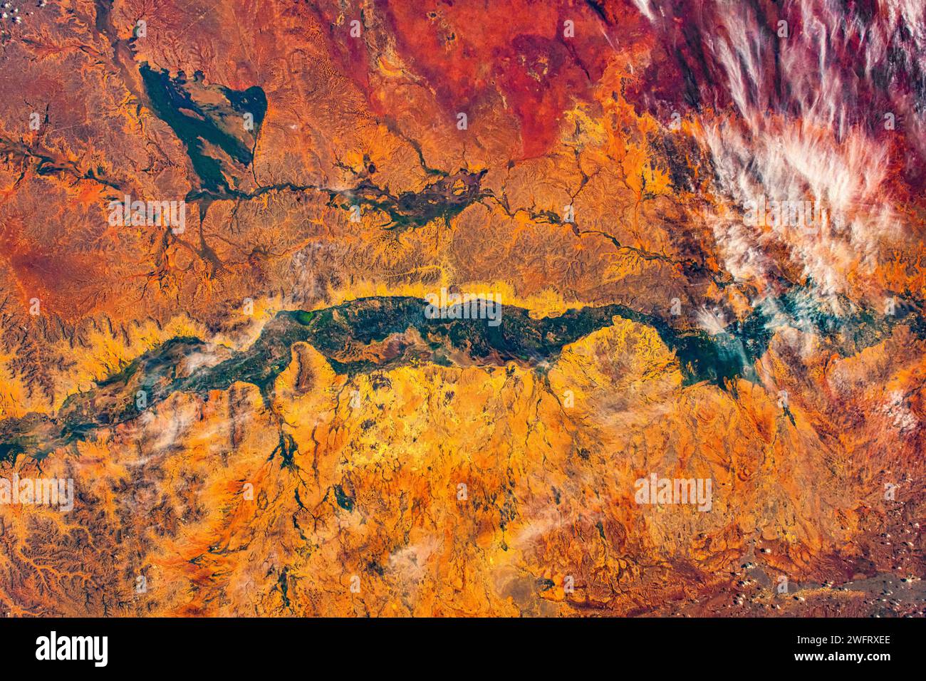 Desert land features a river in Ethiopia. Digital enhancement of a NASA ...
