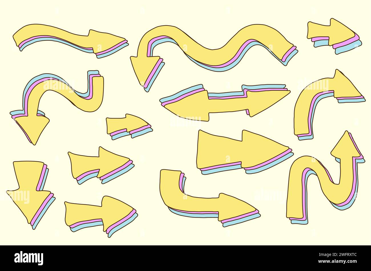 Arrow retro set. Collection of groovy direction pointers signs. Hand ...