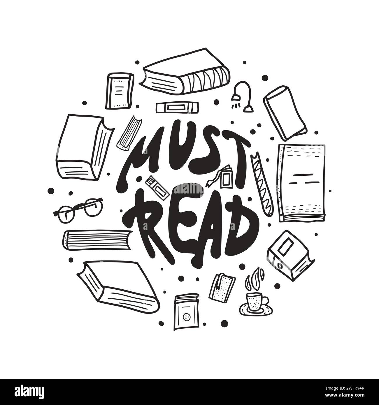 Must read lettering and books in doodle style. Round badge with symbols ...