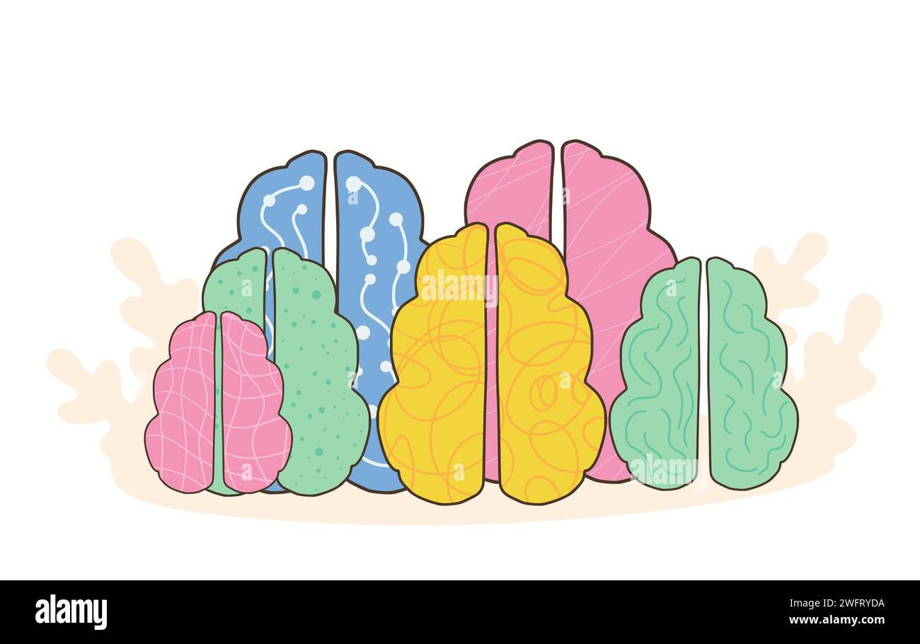 Group Of Different Human Brains Neurodiversity Symbol Brainstorming Creative Thinking Sign