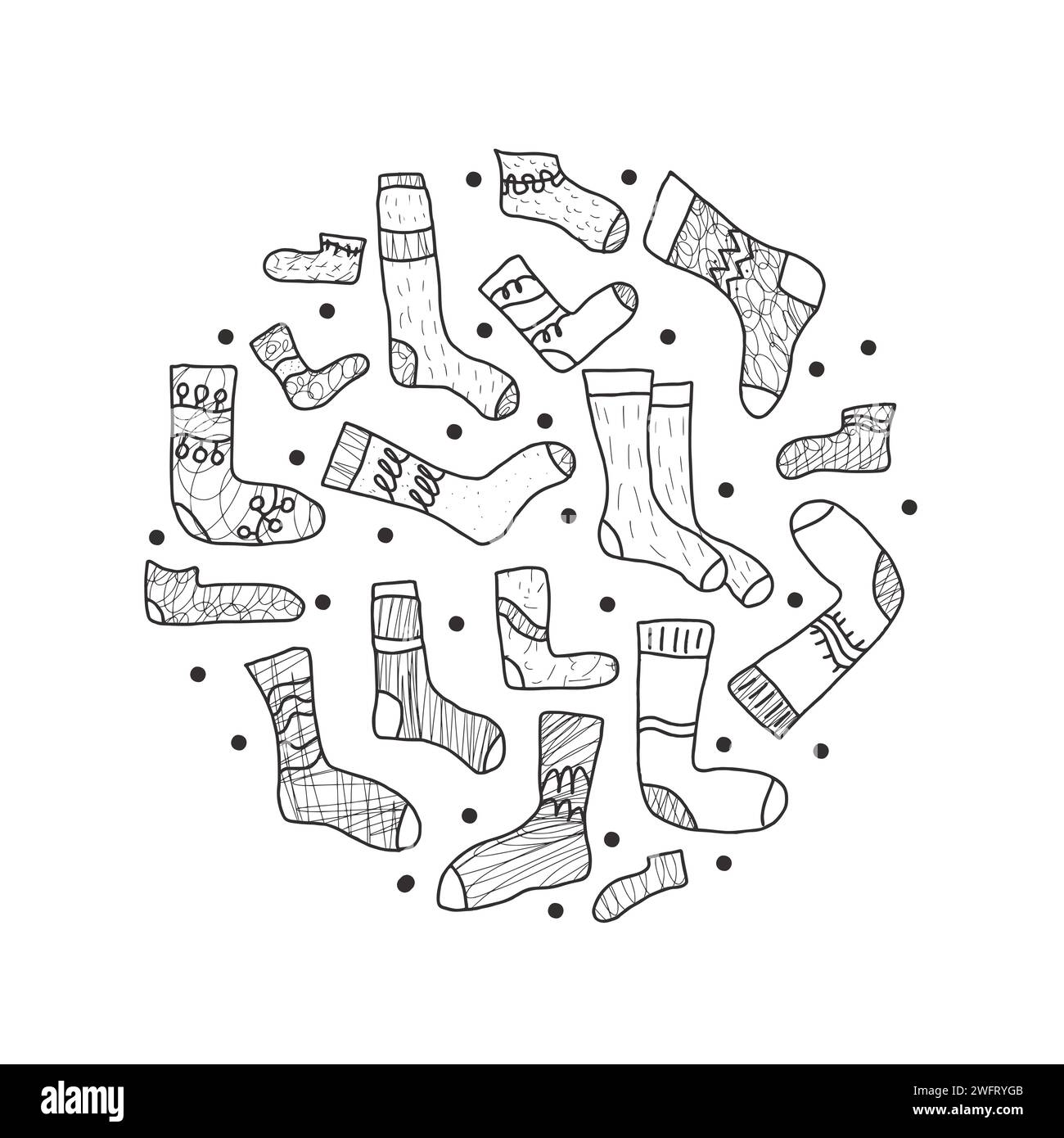 Socks in doodle style. Round badge with symbols of cozy winter ...