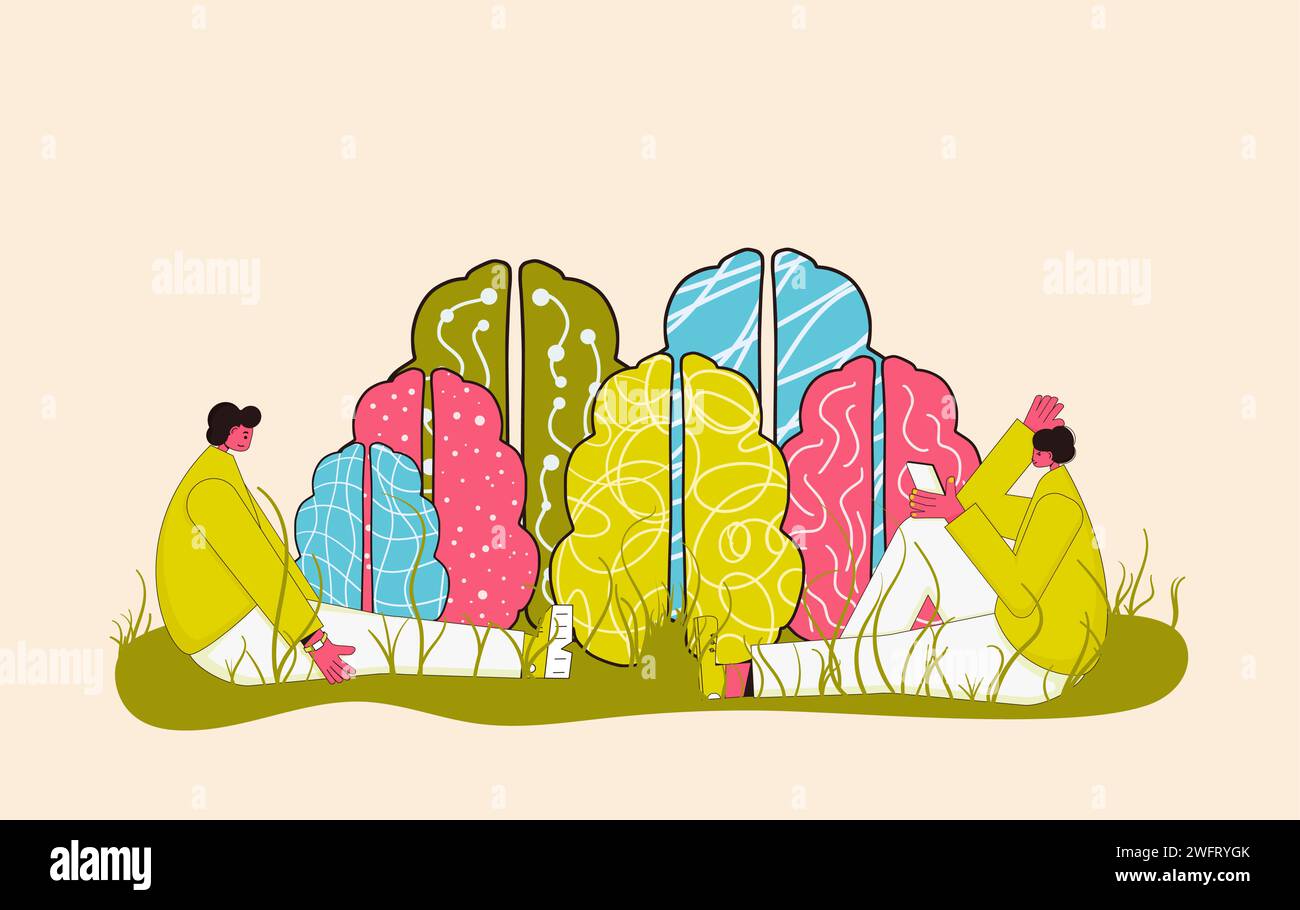 Sad friends sitting near different brains. Neurodiversity symbol. ADHD ...