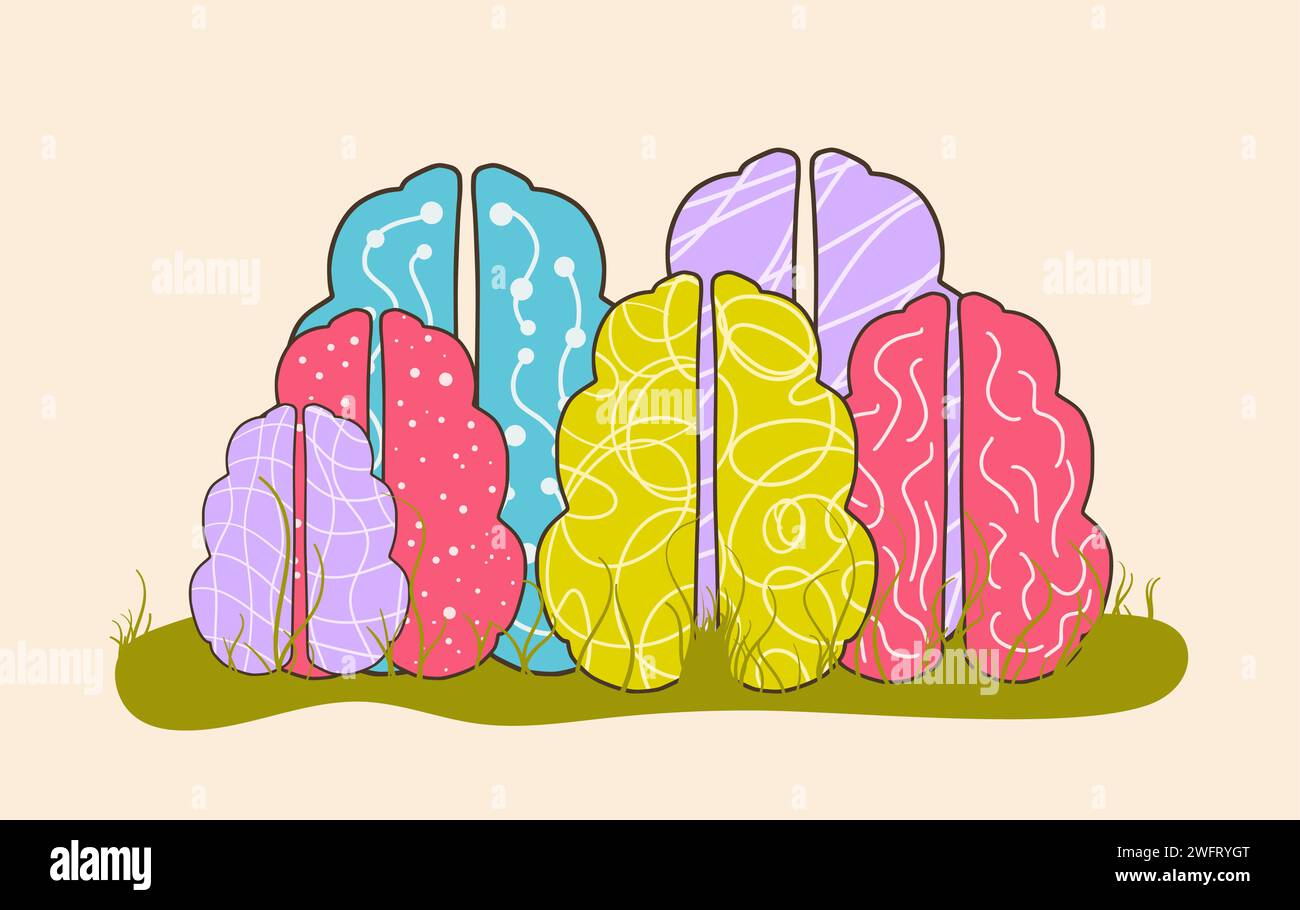 Group Of Different Human Brains Neurodiversity Symbol Brainstorming Creative Thinking Sign
