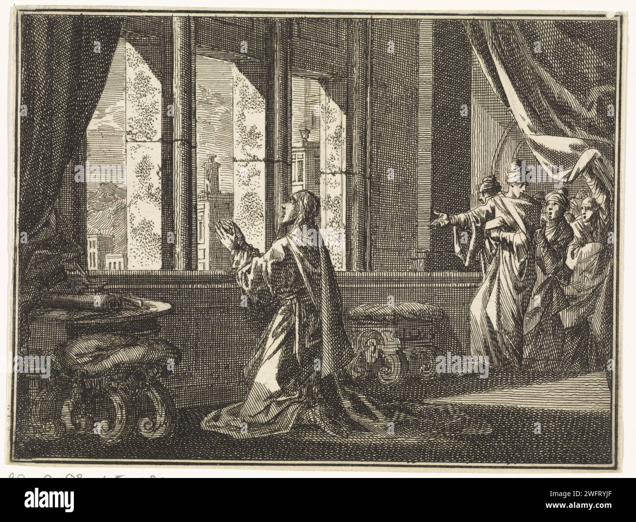 Daniël Kneeling in prayer for a window is spied, Jan Luyken, 1712 print ...