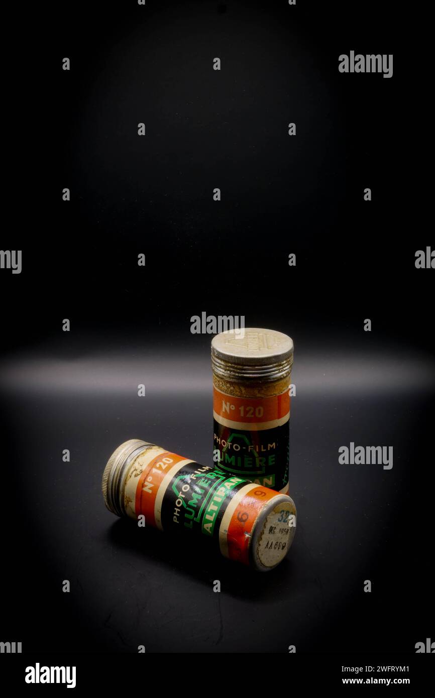 Vintage Lumière 120 negative film cans, Studio shot, France still life ...