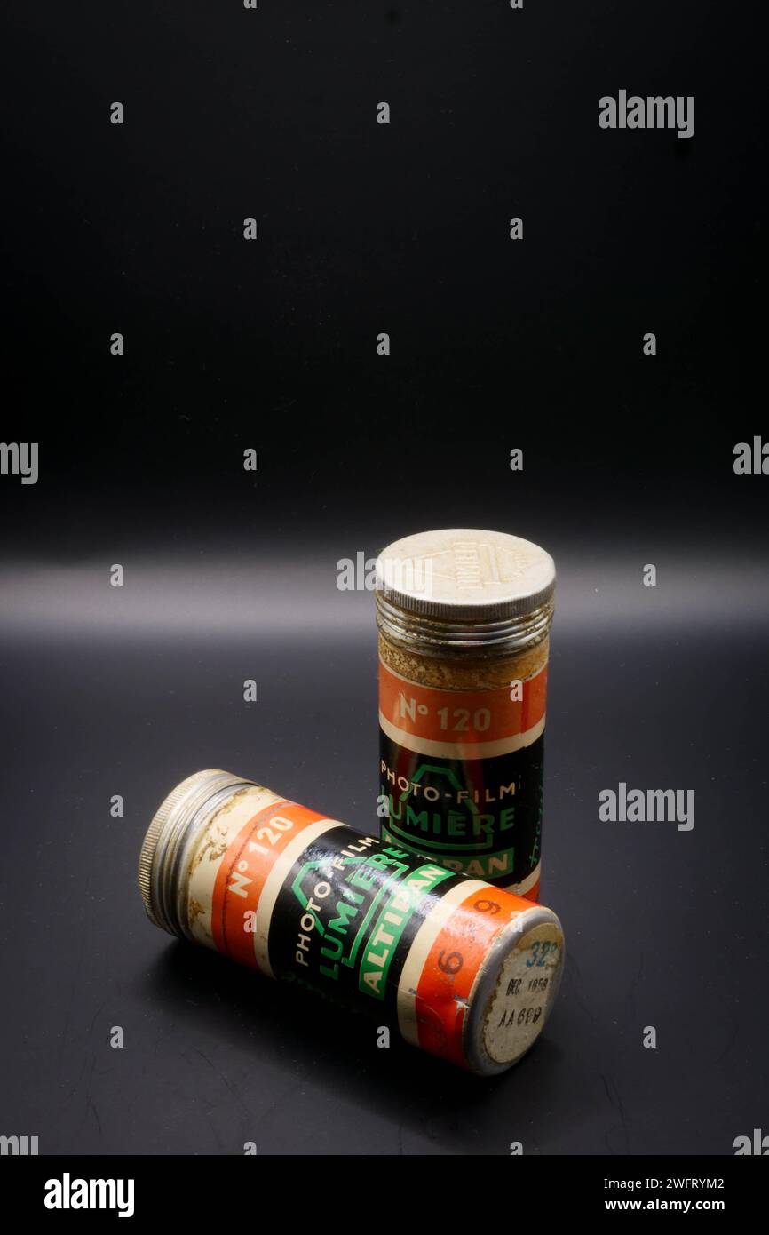 Vintage Lumière 120 negative film cans, Studio shot, France still life ...