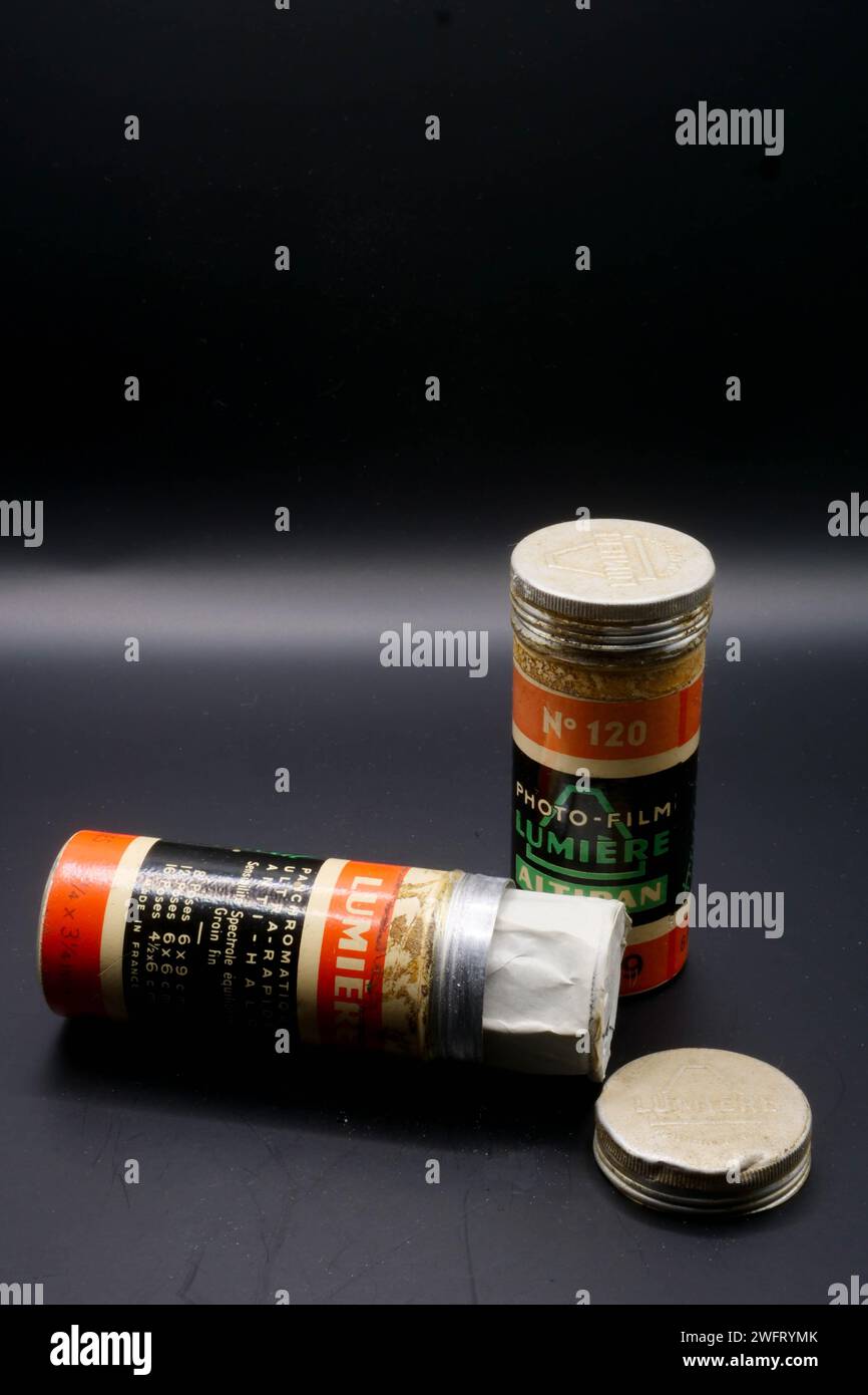 Vintage Lumière 120 negative film cans, Studio shot, France still life ...