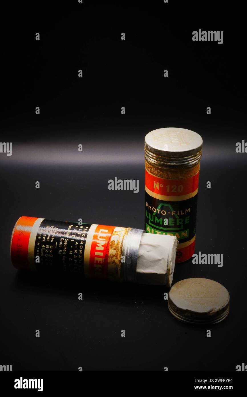 Vintage Lumière 120 negative film cans, Studio shot, France still life ...