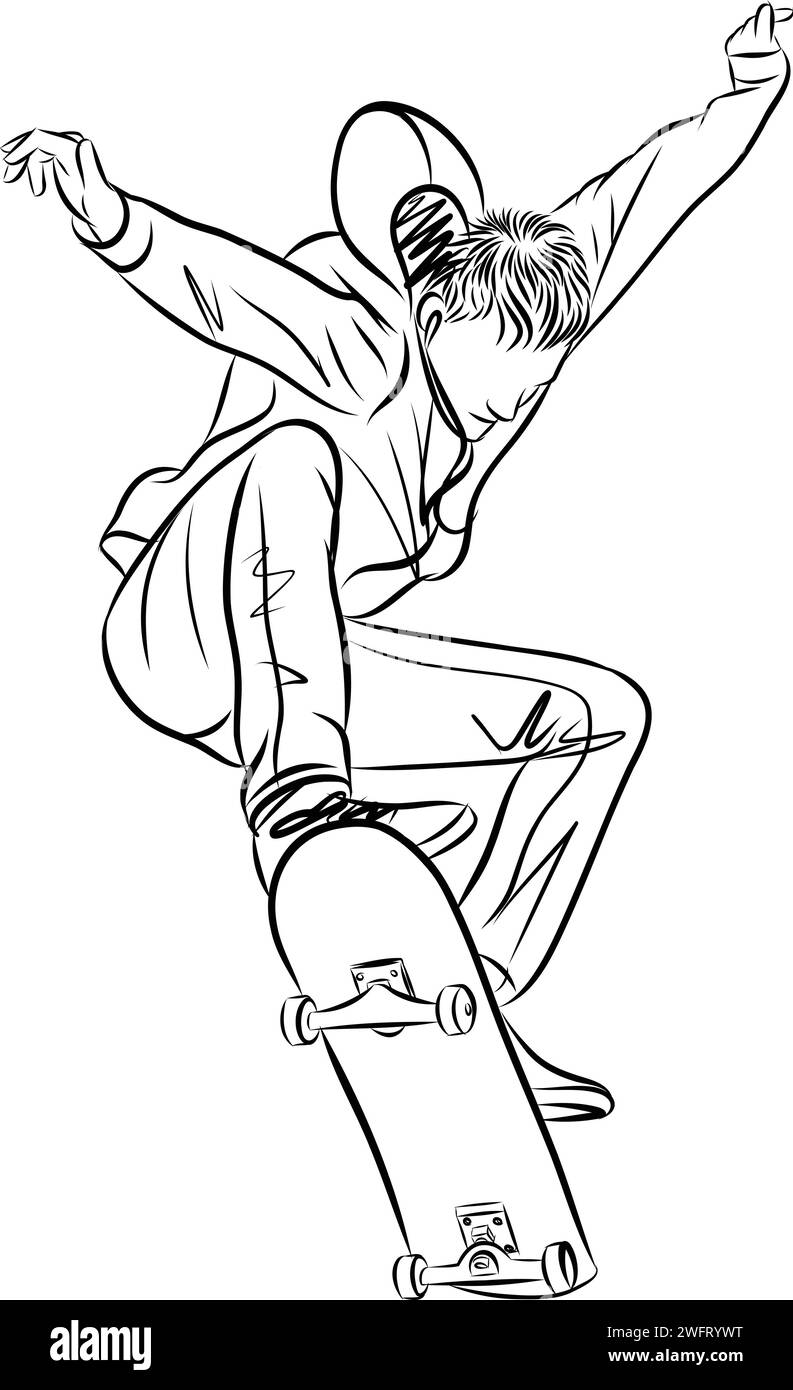 Skaters jumping with skateboards. Young people skate boarding. Sketch ...